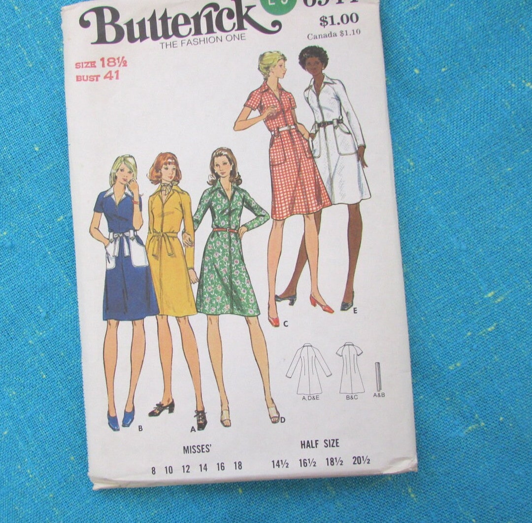 1970's Butterick Sewing Pattern 6944 Zip Front Shirtdress Tailored ...