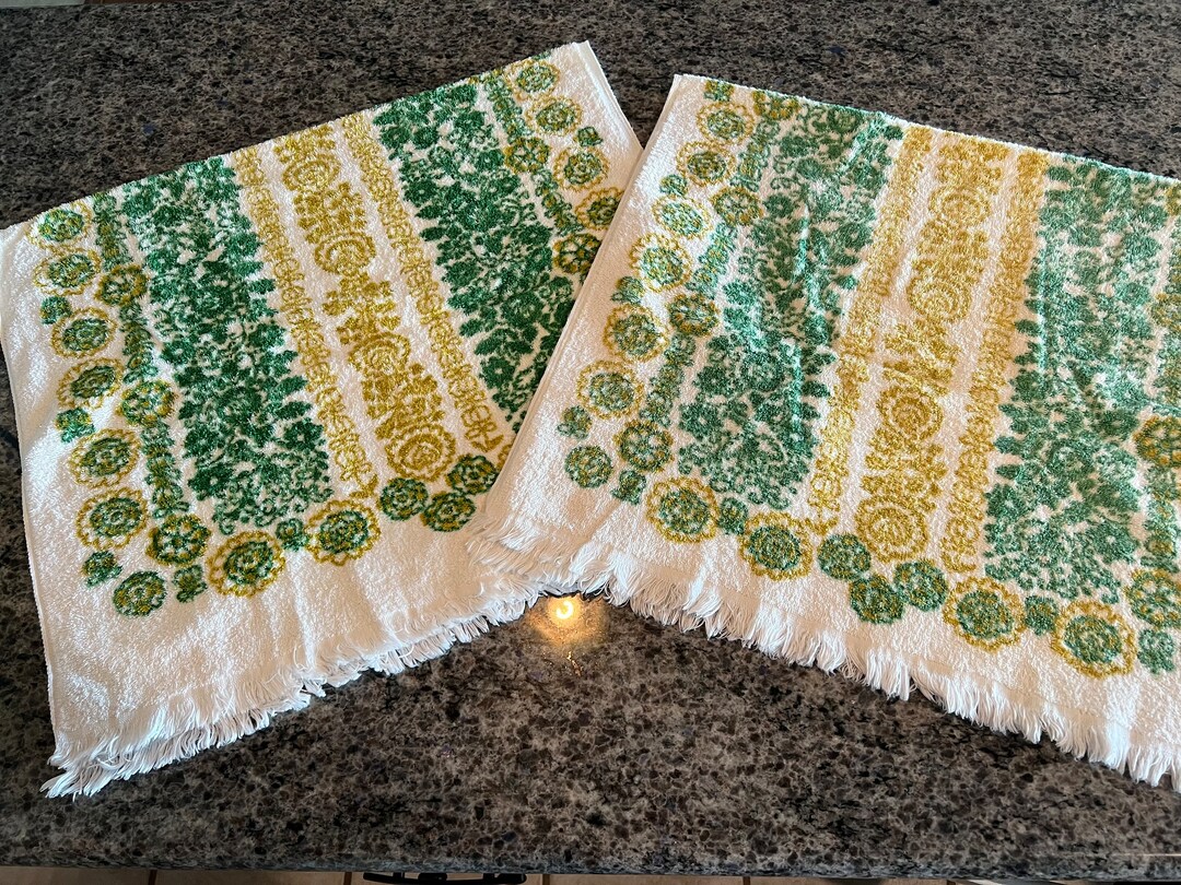 Vintage Set of 2 Springmaid Green & Gold Floral Bath Towels- Striped ...