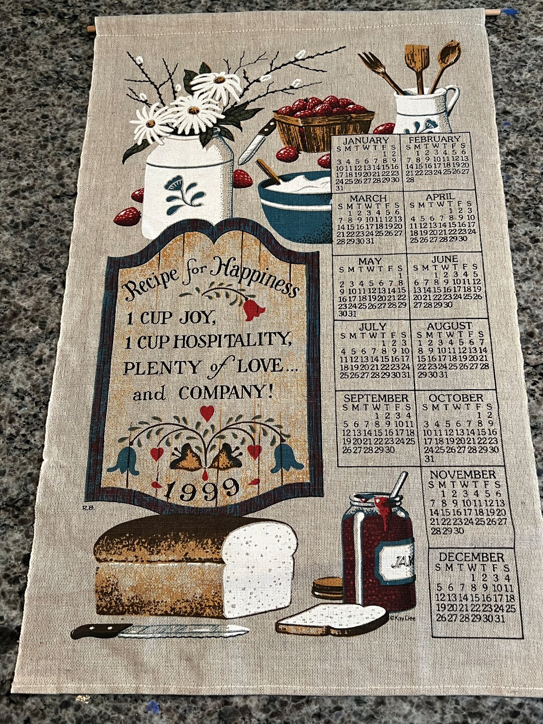 1997 Kay Dee Calendar Tea Towel “recipe for Happiness” With Rod to Hang ...