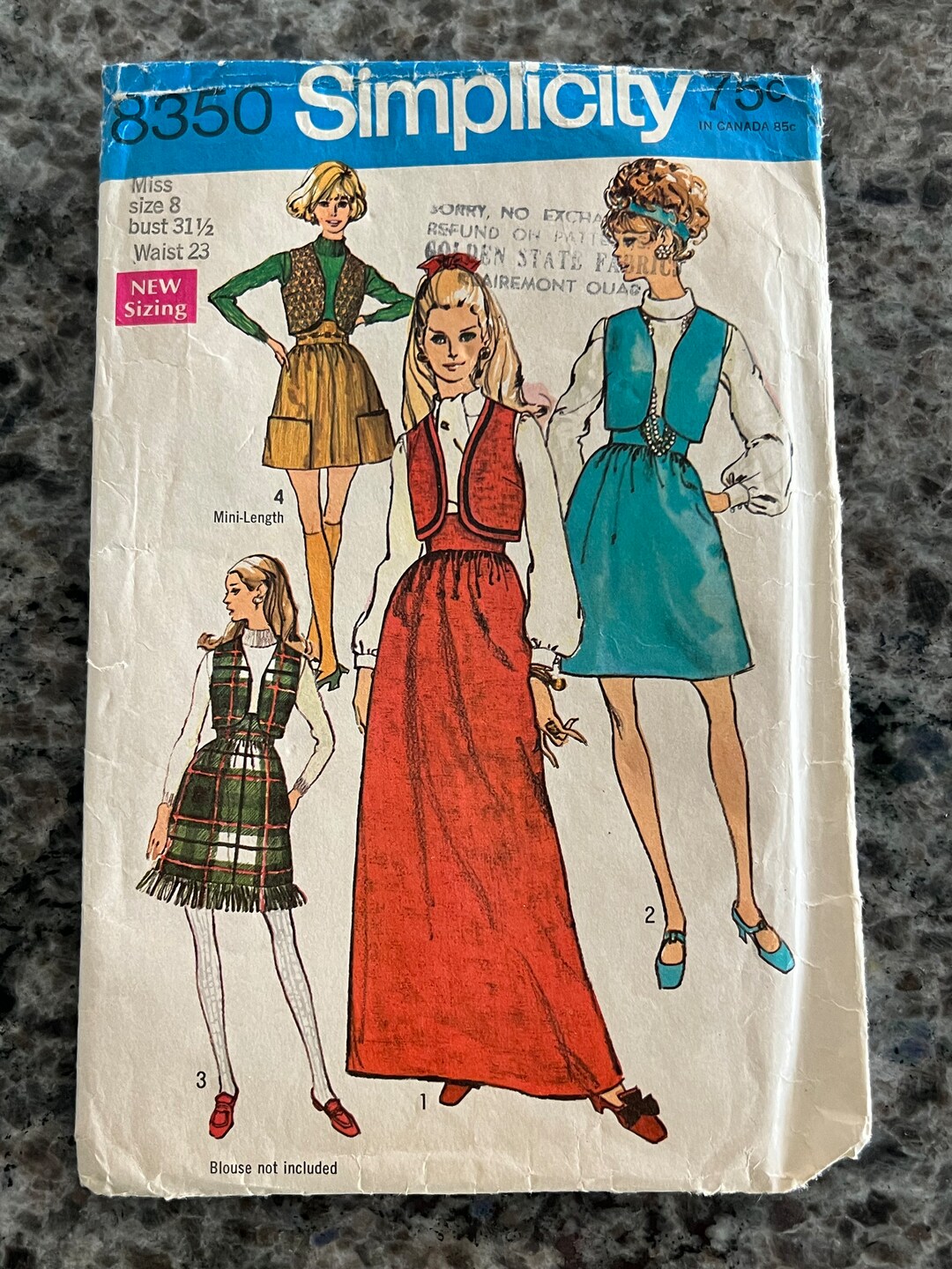 RARE 1967 Simplicity Sewing Pattern 8350 Misses MOD Mini Skirt or Maxi Skirt With Bolero Vest ...