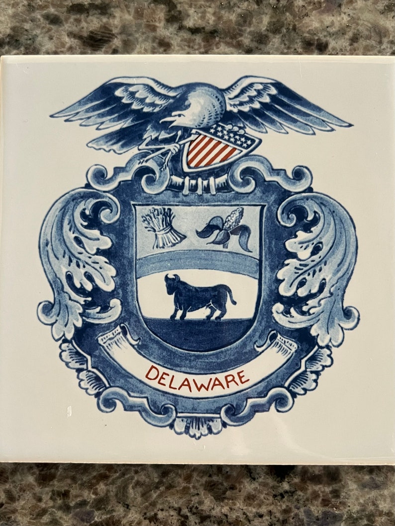 Antique Vintage DELAWARE Emblem Blue and White Decorative Ceramic Tile ...