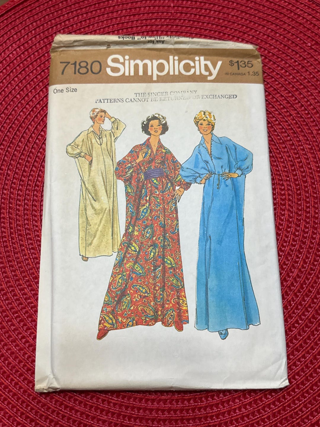 1975 Simplicity Sewing Pattern 7180 Misses Long Muu-muu Caftan Batwing Sleeves Long Sleeves One ...