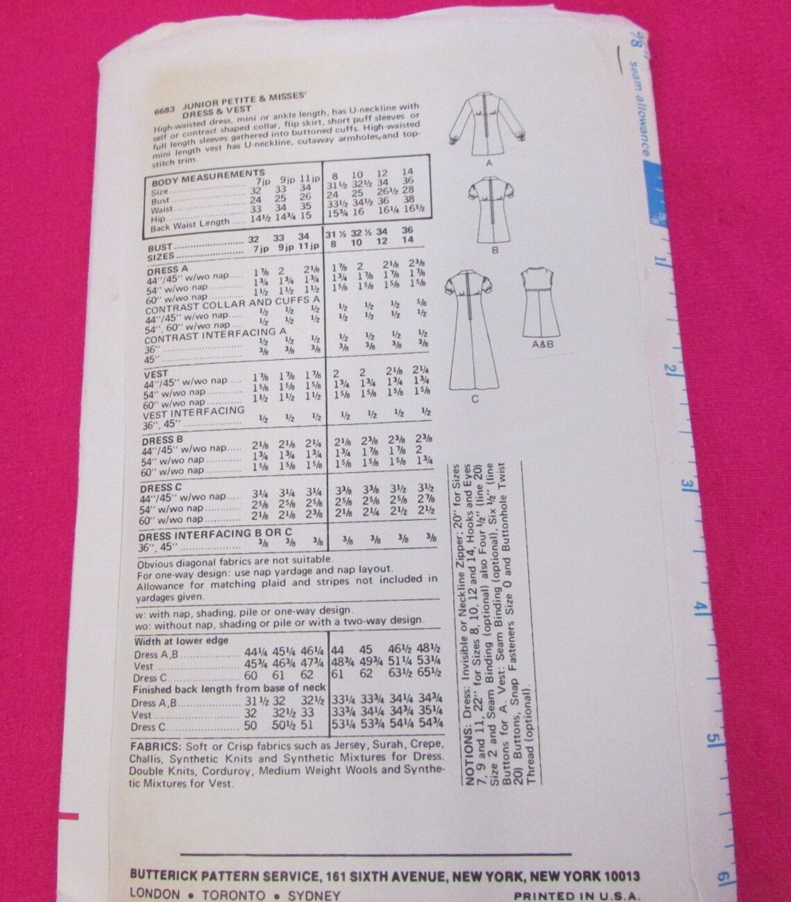 RARE 1970s Butterick Sewing Pattern 6683 Misses Dress in 2 - Etsy