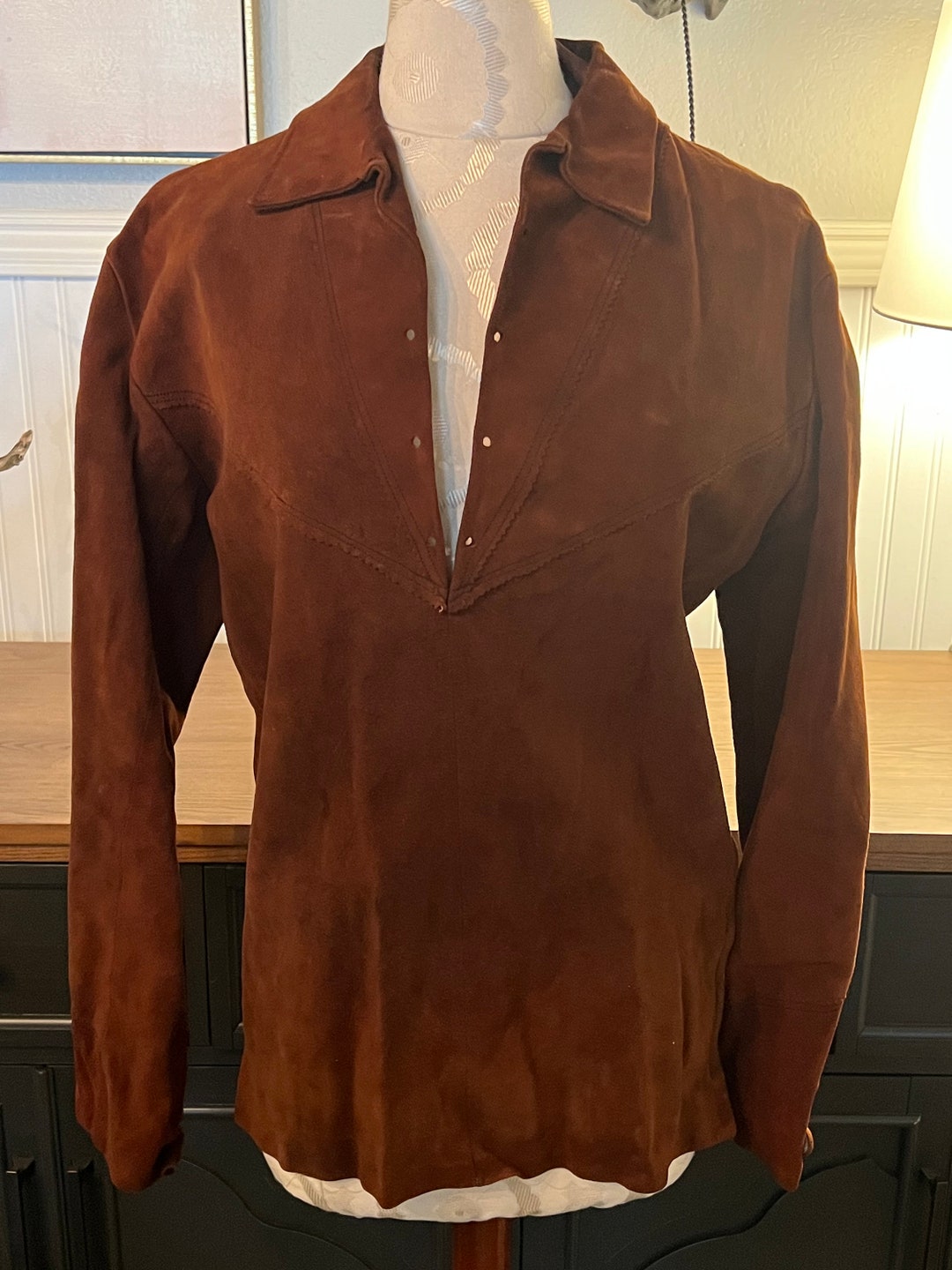 RARE Vintage Mens Western Dark Brown Deerskin Frontier Shirt Top Tie ...