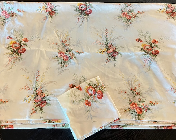 Vintage Sears Roebuck Orange Floral Full Flat Sheet and One Standard ...