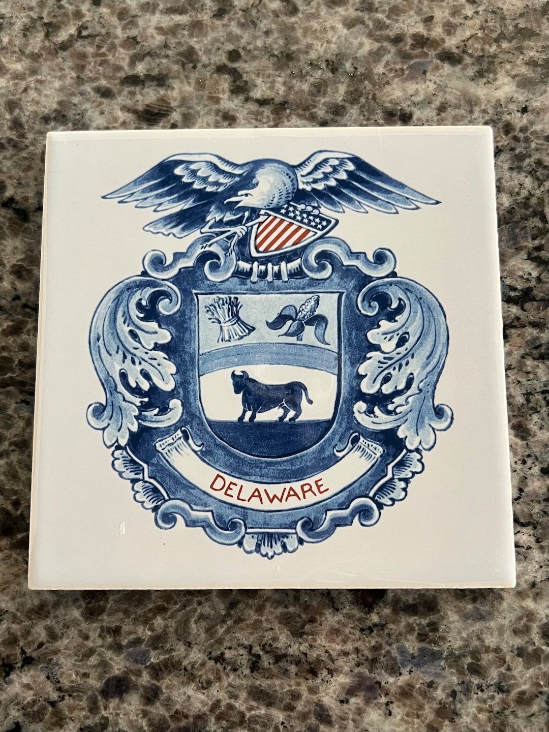Antique Vintage DELAWARE Emblem Blue and White Decorative Ceramic Tile ...