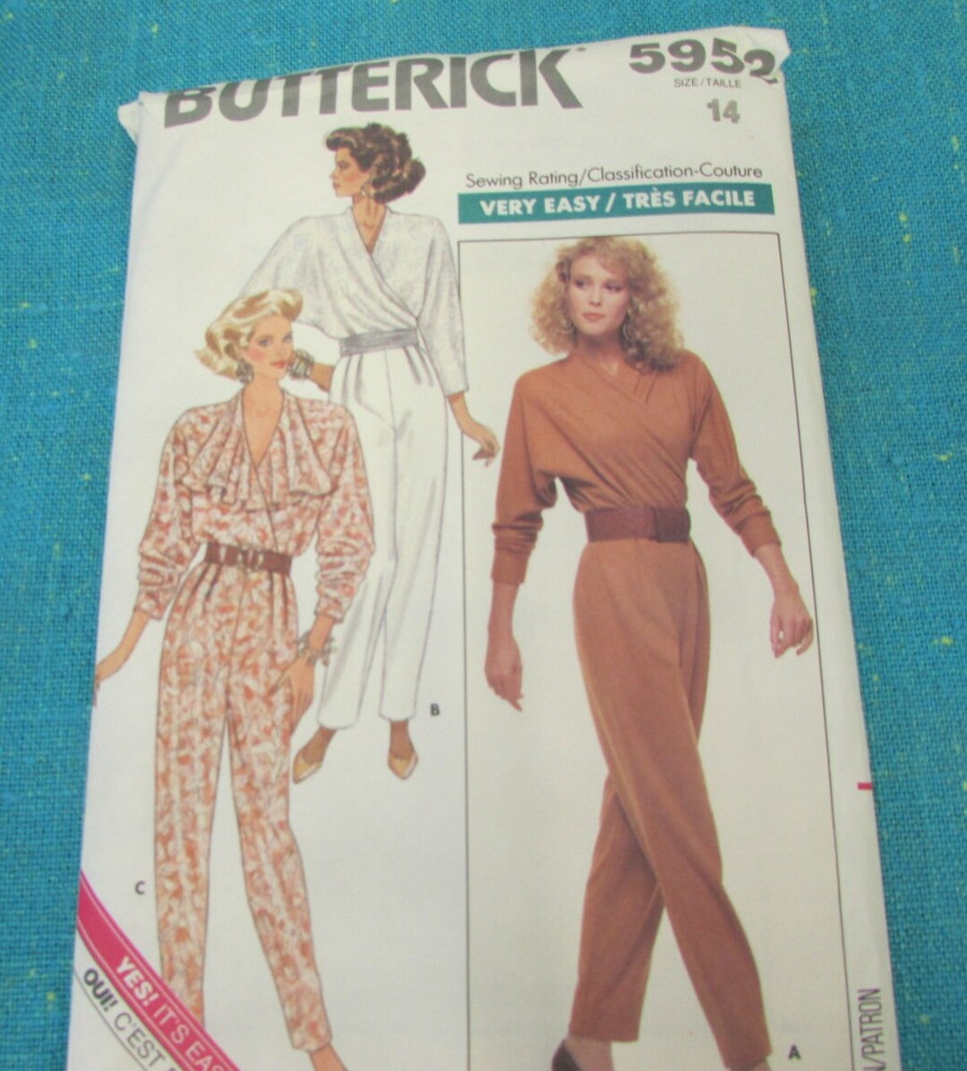 RARE 1987 Butterick Sewing Pattern 5952 Misses Tapered Jumpsuit W Front ...