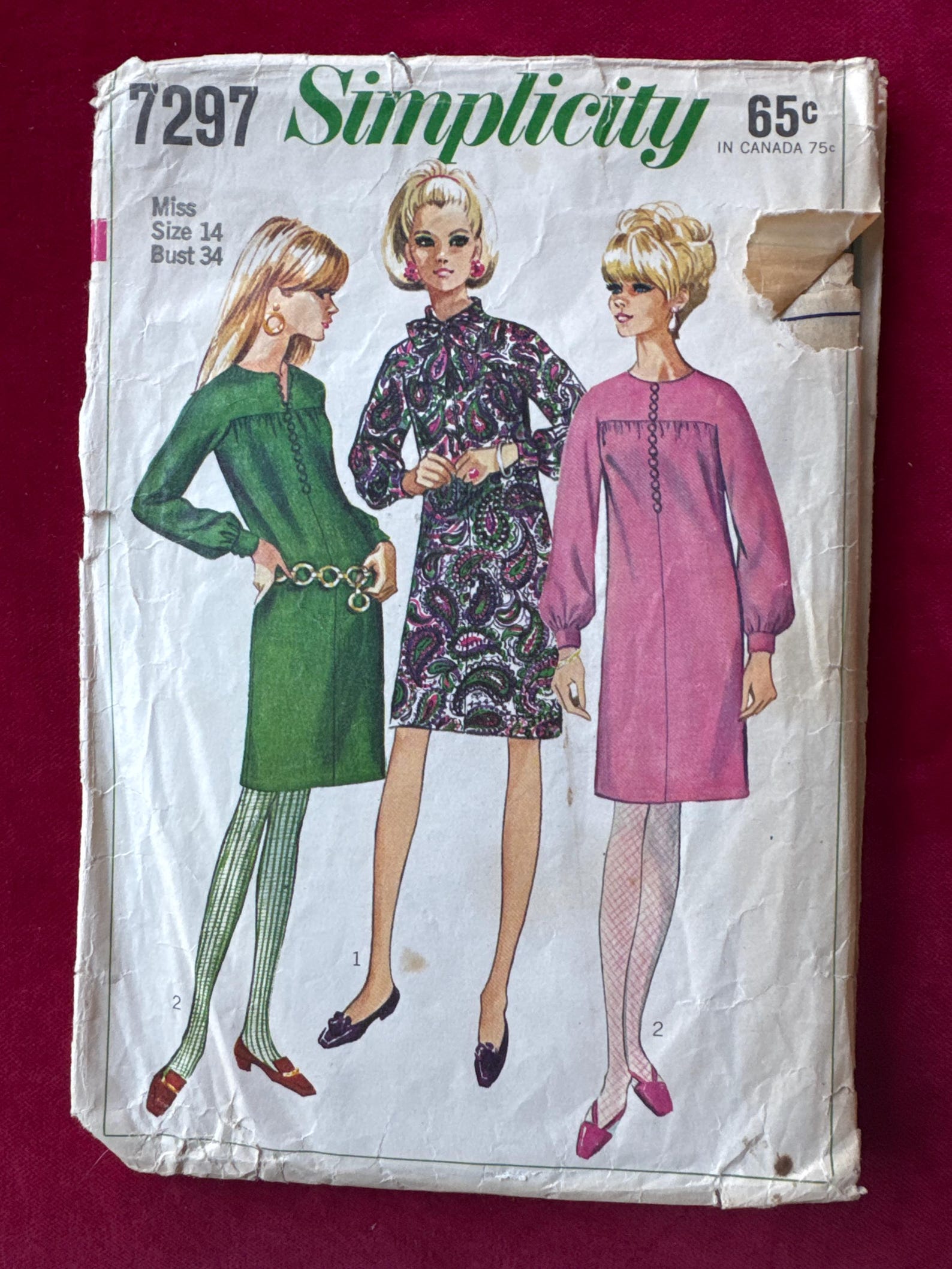 1967 Simplicity 7297 Sewing Pattern Misses Long Sleeve Slim Fitting ...