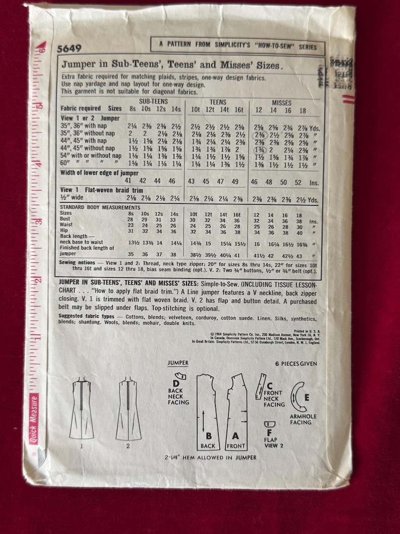 1964 Simplicity Sewing Pattern 5649 Misses Deep V Front A Line Jumper ...