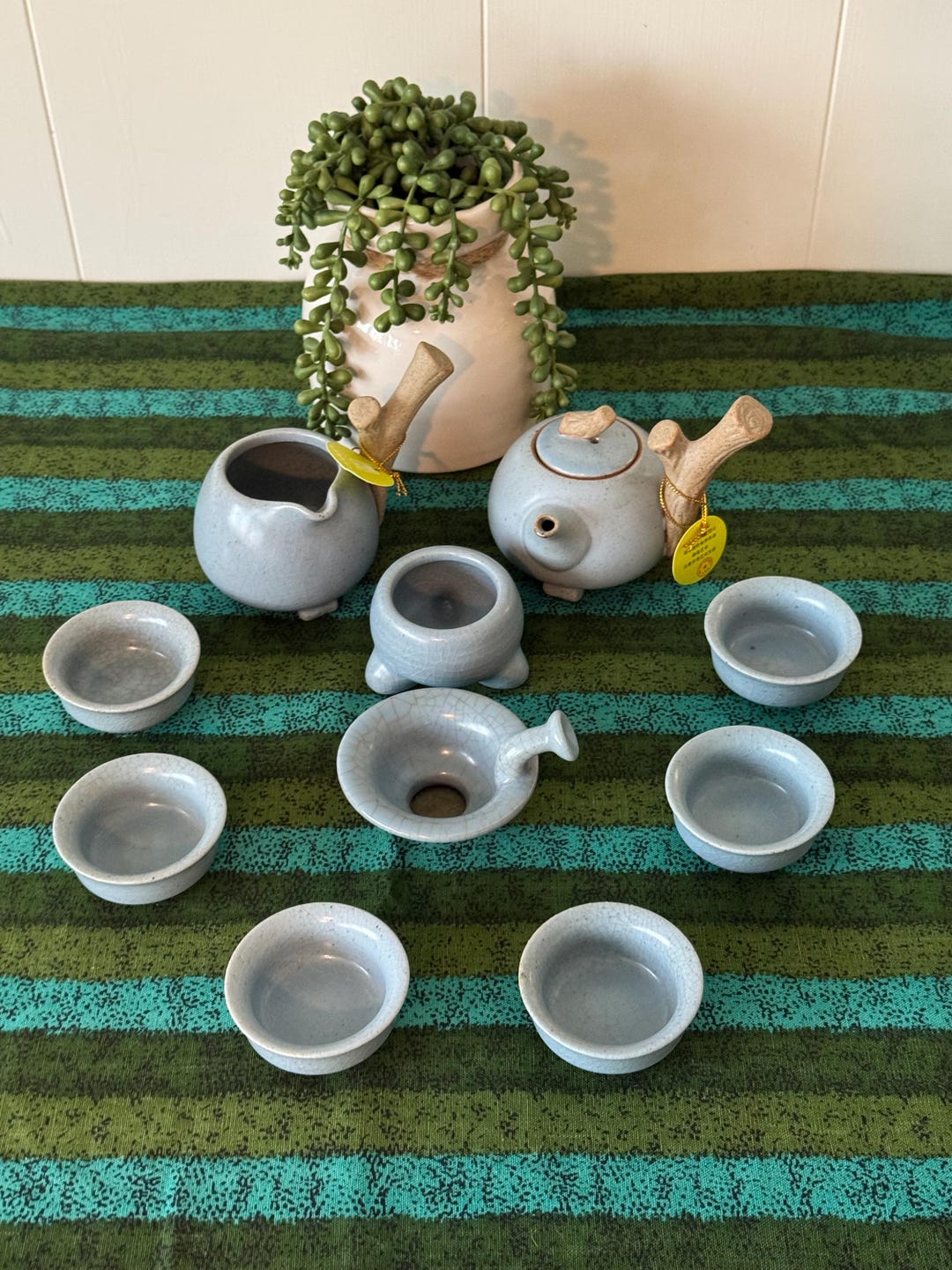 Japanese Kyusu Blue Glazed Stoneware Tea Set With Brown Wood Branch ...