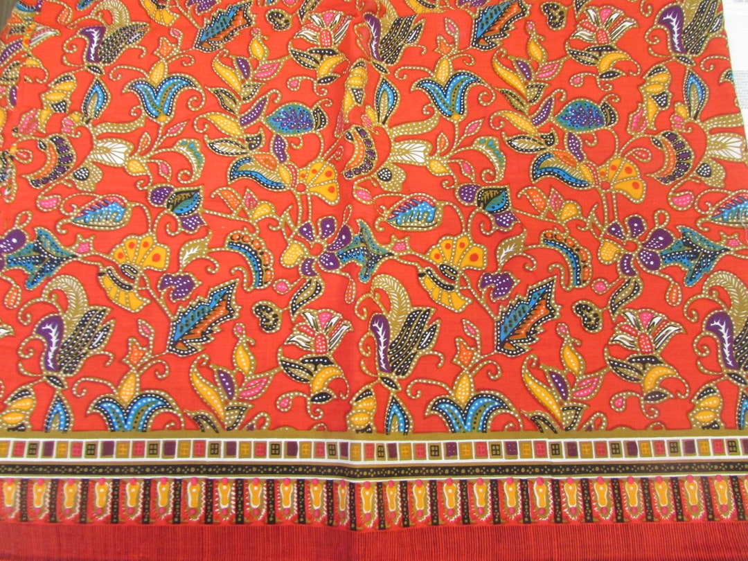 Vintage Batik Look Hawaiian Floral Cotton Fabric Red, Purple, Black ...