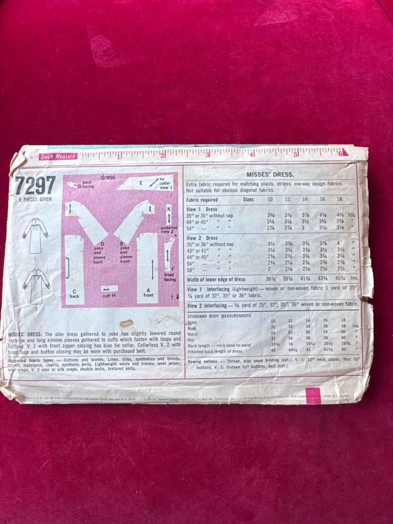 1967 Simplicity 7297 Sewing Pattern Misses Long Sleeve Slim Fitting ...