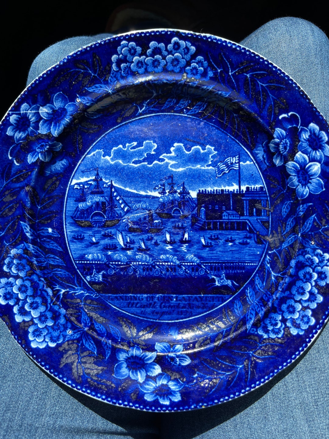 RARE 1820s Antique Clews Flow Blue landing of General Lafayette 9 Plate ...