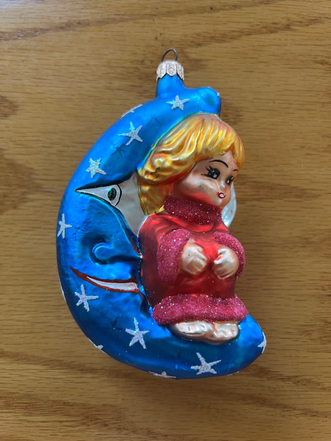 Christopher Radko “watch Over Me” Angel Girl Sitting on Half Moon Glass ...