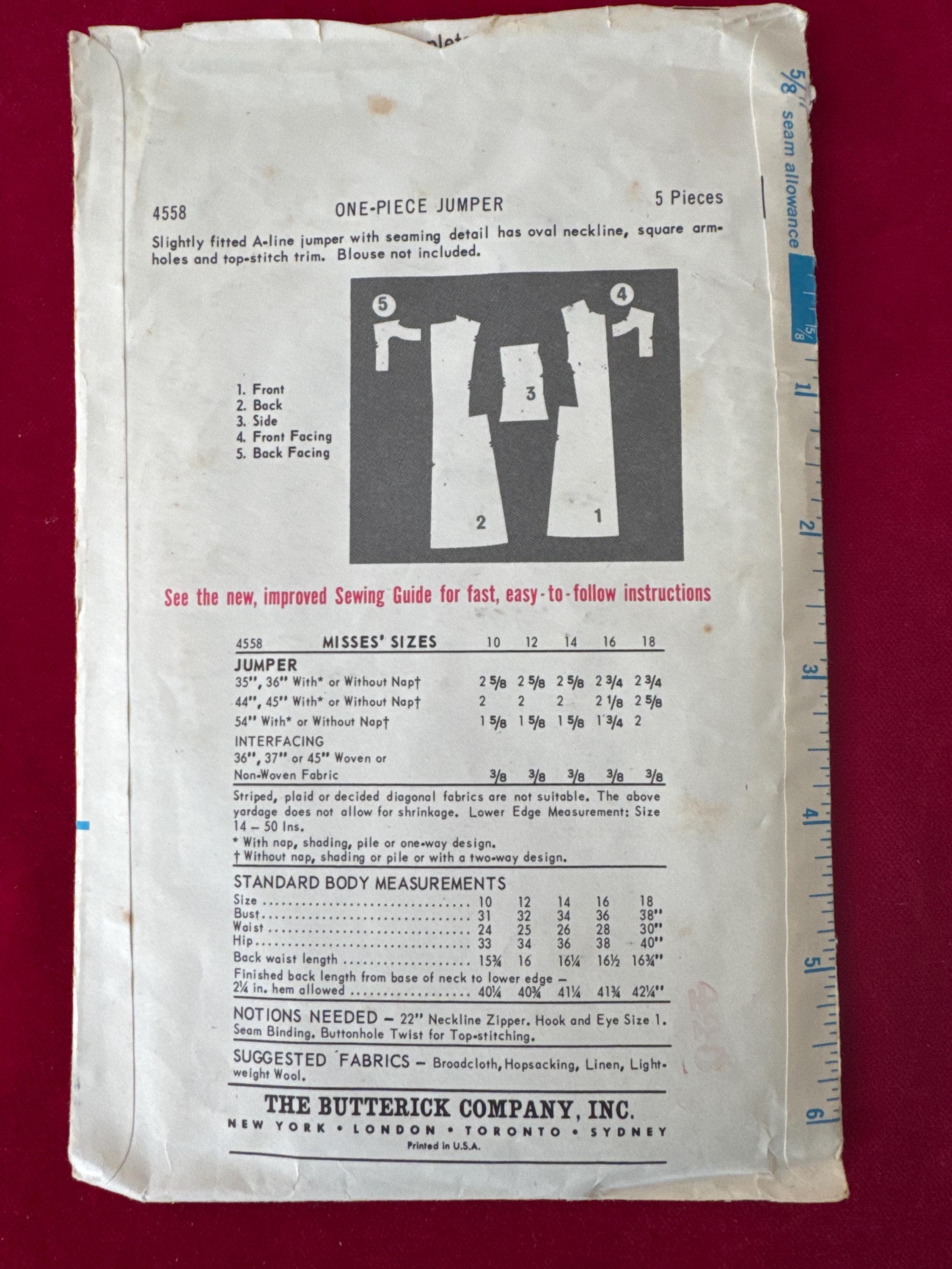 1950'S Butterick Sewing Pattern 4558 Misses A Line Jumper Size 14 Cut ...