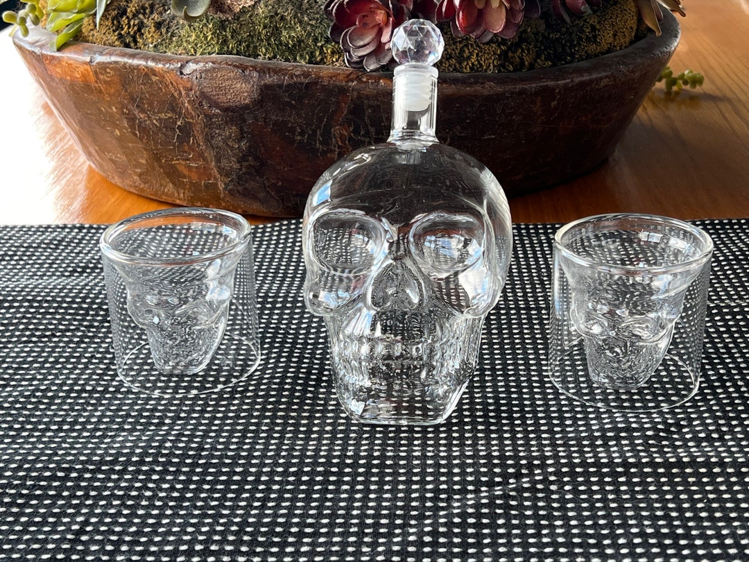 Fred Doomed Skeleton Glass Decanter With Faceted Stopper 9 Tall and Two ...
