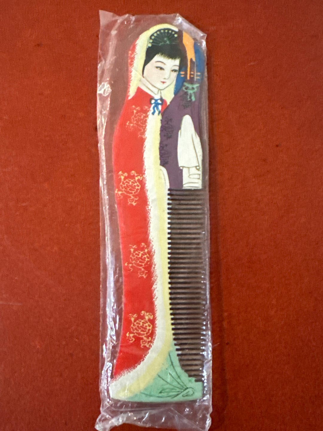 Vintage NOS Chinese Geisha Hand Painted Wood Women's Hair Comb Gong Shu ...