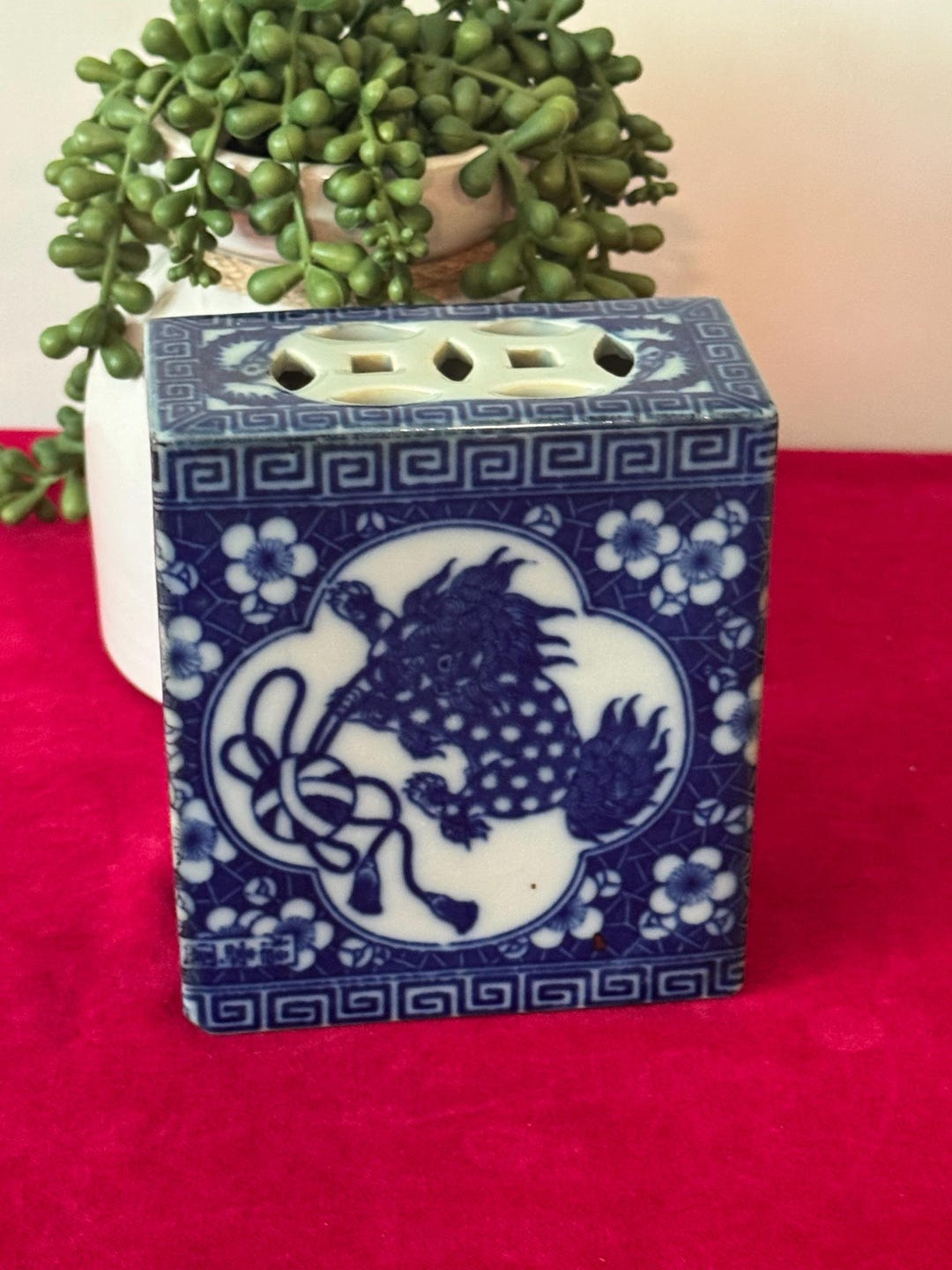 Antique Chinese Blue & White Ceramic Opium Pillow 4 1/2" W X 5" H Hole ...