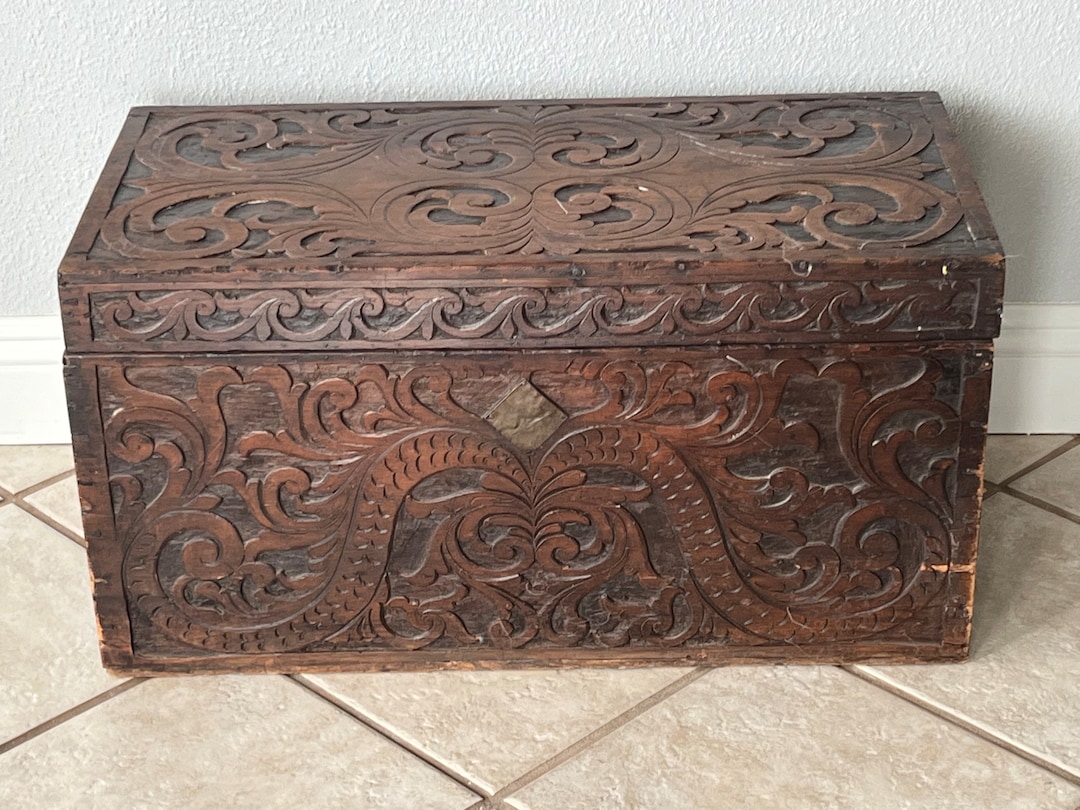 Antique Indonesian Carved Scroll Design Wood Trunk Chest 27 1/2” W X 14 ...