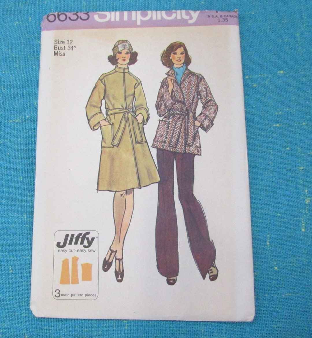 1974 Simplicity Sewing Pattern 6633 Unlined Front Wrap Coat in 2 ...