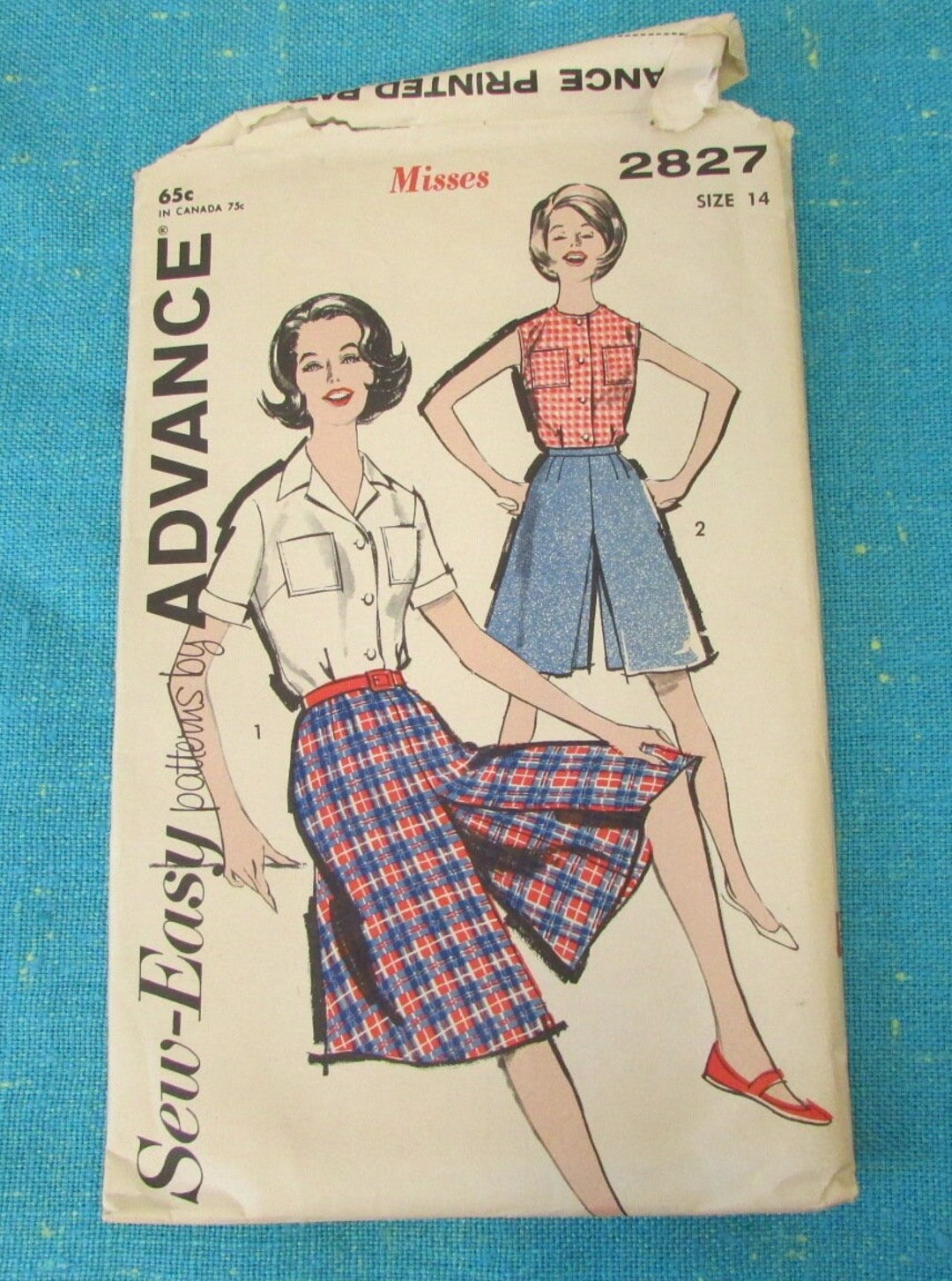 RARE 1960S Advance Sewing Pattern 2827 Misses Blouse and Split Skirt or ...
