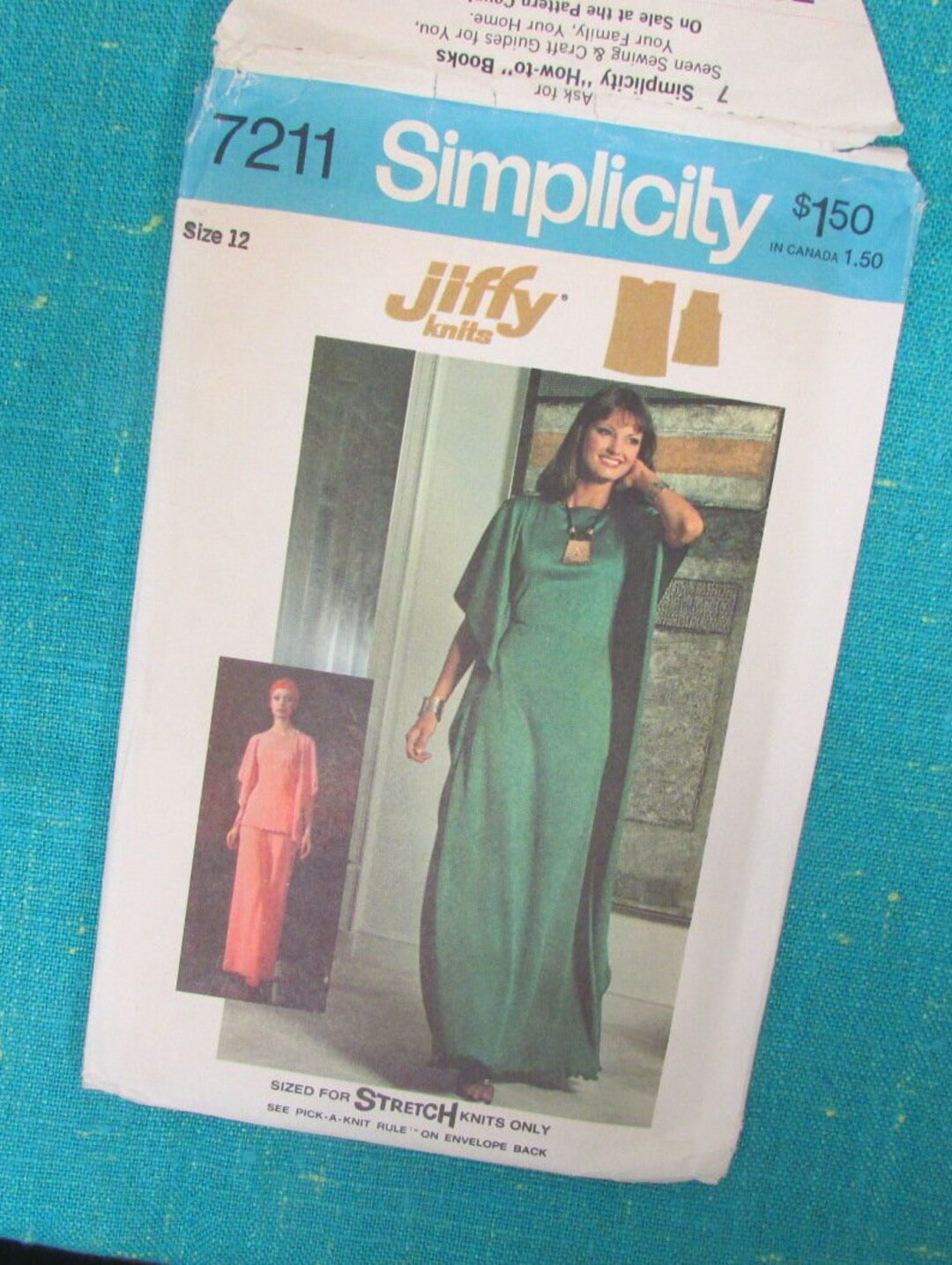 1975 Simplicity Sewing Pattern 7211 Misses Stretch Knits Only Caftan or ...