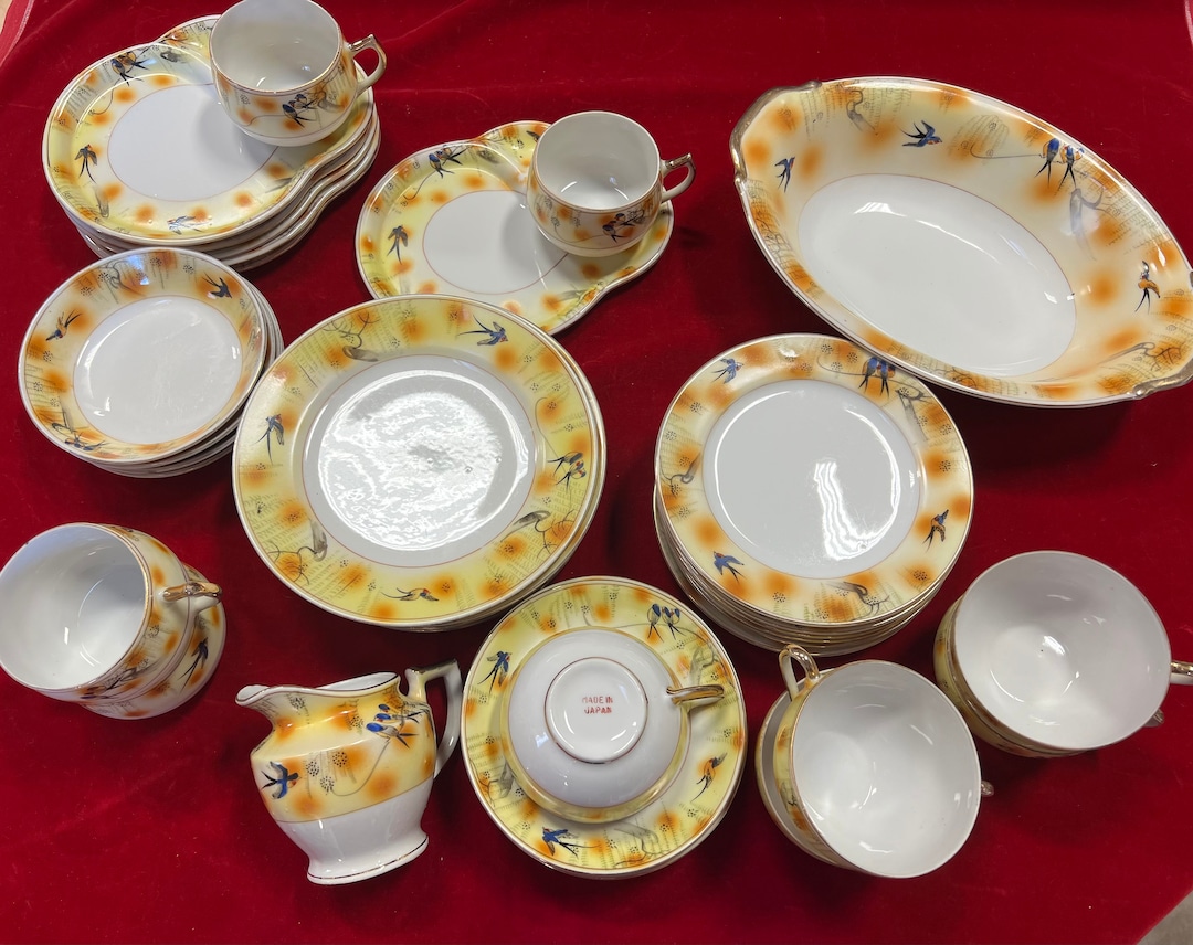 Antique Bluebird of Happiness Wisdom Japanese Dessert Set With Yellow ...