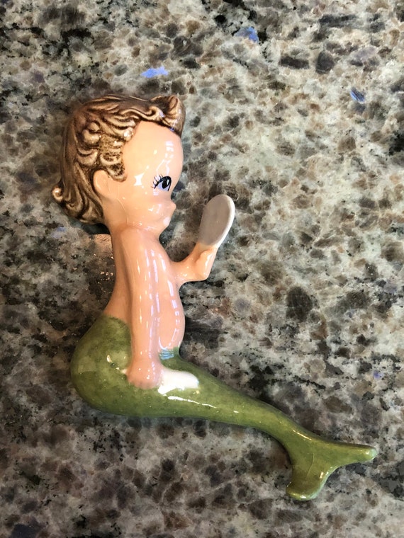 RARE 1950's Ceramic Baby Mermaid Holding Mirror With Green | Etsy