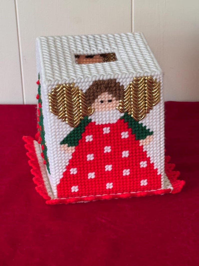 Vintage Handmade Christmas Plastic Canvas Tissue Box Cover Angels and ...
