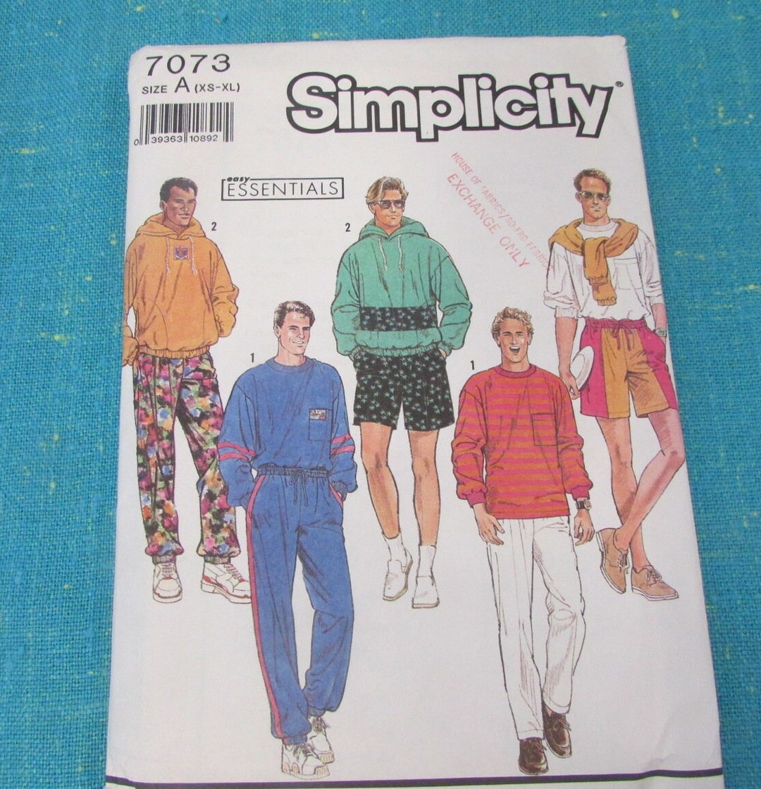 1990 Simplicity Sewing Pattern 7073 Mens or Teens Pull on Jogging Pants or Shorts, Pullover Top ...