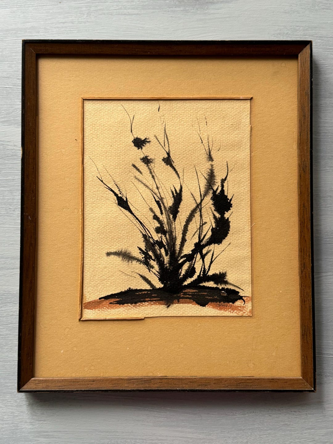 Vintage 1960's John Stroh Framed Black Ink Watercolor of Plant in Black ...
