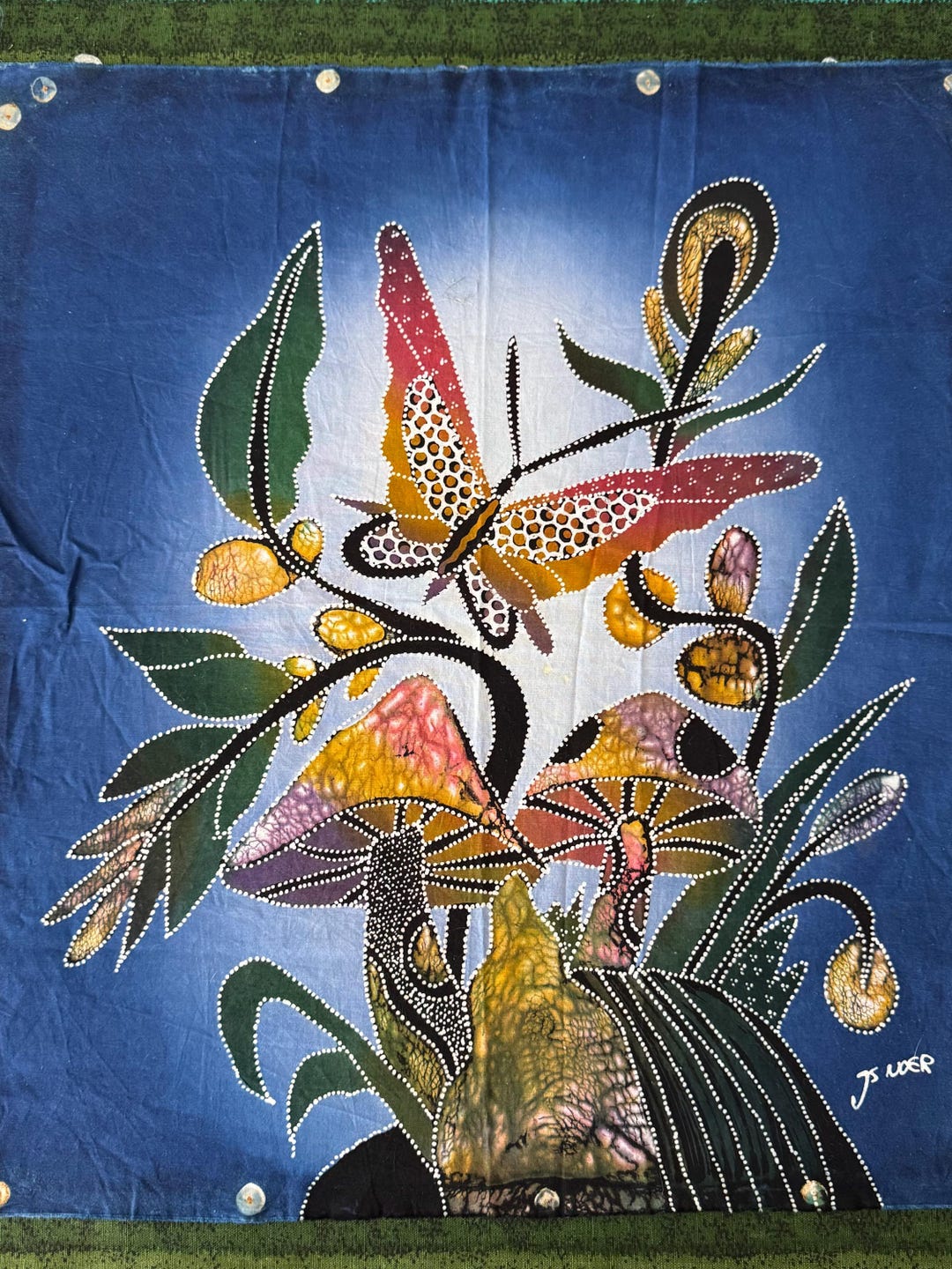 Authentic Indonesian Batik Panel Mushrooms & Butterflies Batik in Blue ...
