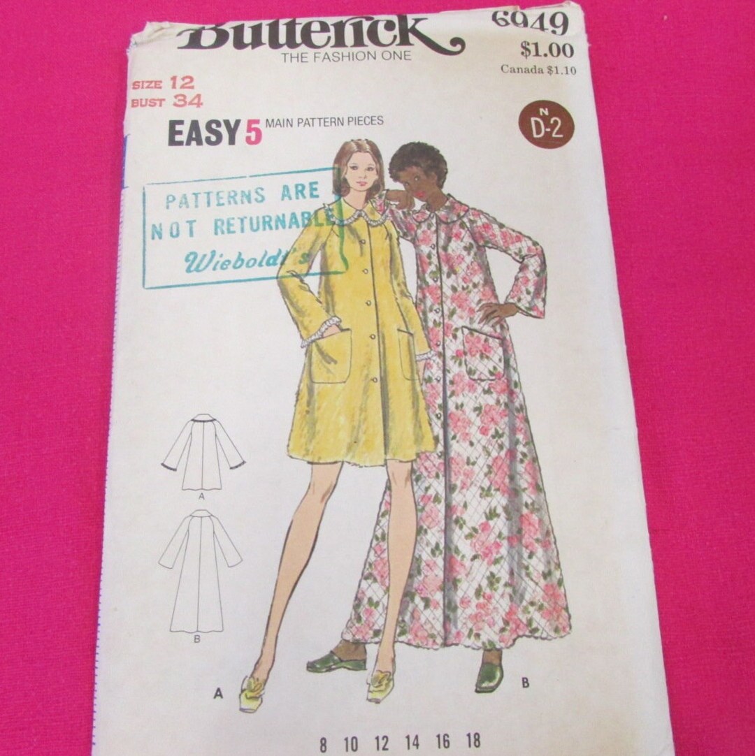 1970s Butterick Sewing Pattern 6949 Misses Button Front Robe 2 Lengths ...