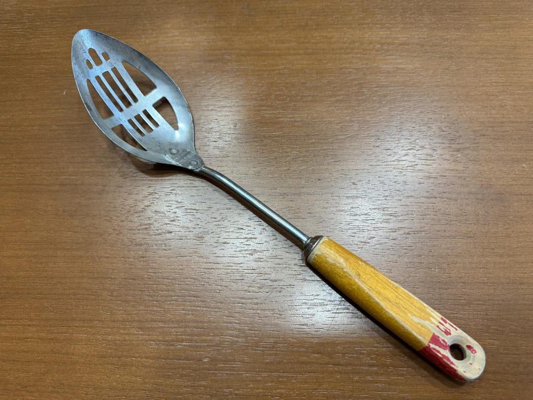 Vintage ANDROCK Chrome Plated Slotted Spoon With Wood Handle, Made in ...