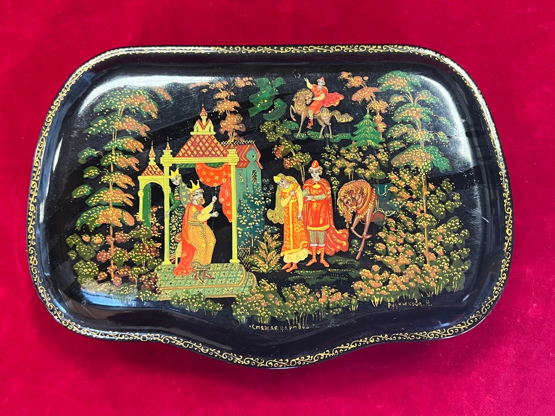 Vintage Russian Palekh Hand Painted Black Lacquer Box With Red Inside ...