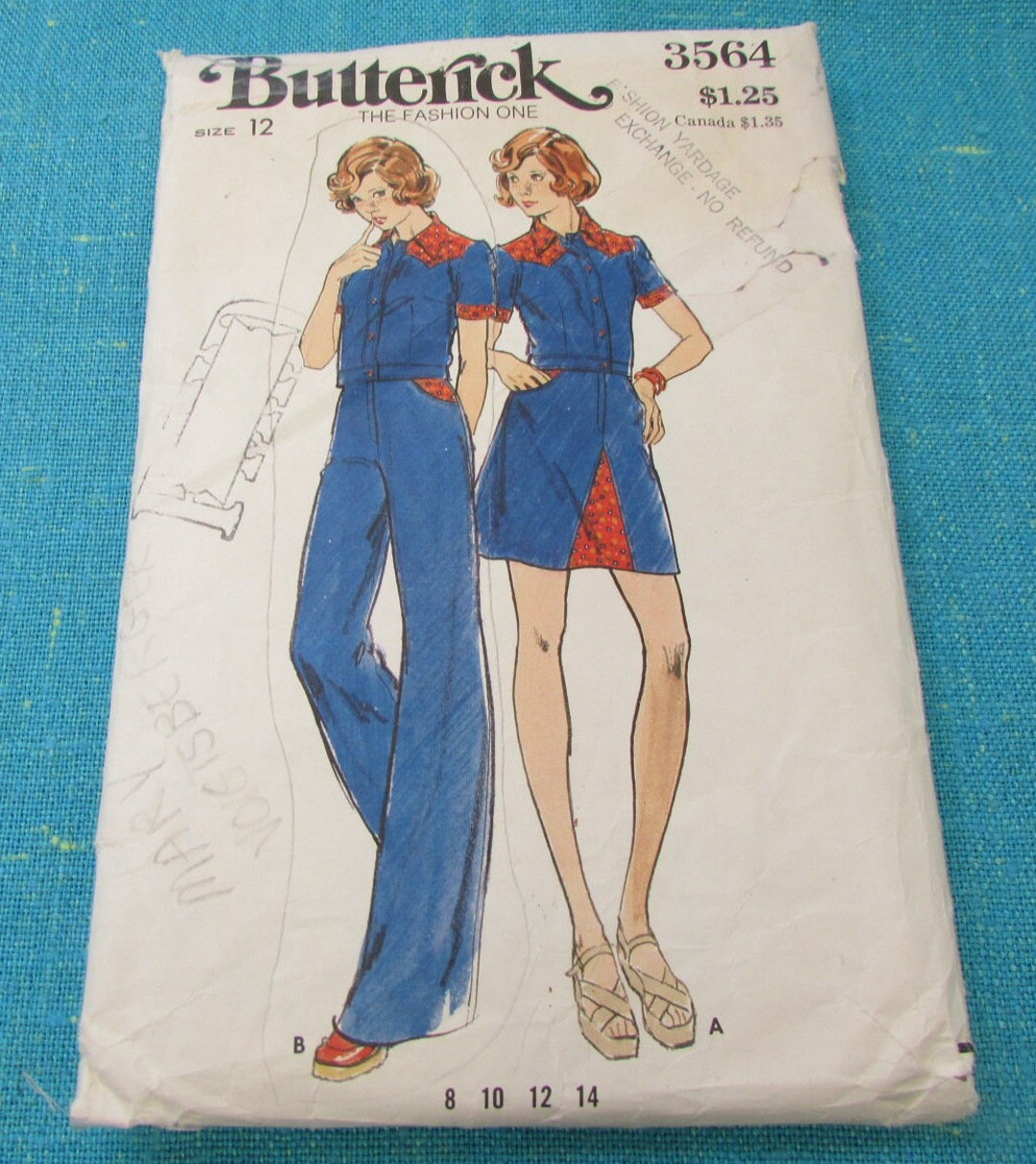 RARE 1974 Butterick Sewing Pattern 3564 Misses Yoked Crop Top or Jacket, A-line Skirt & High ...