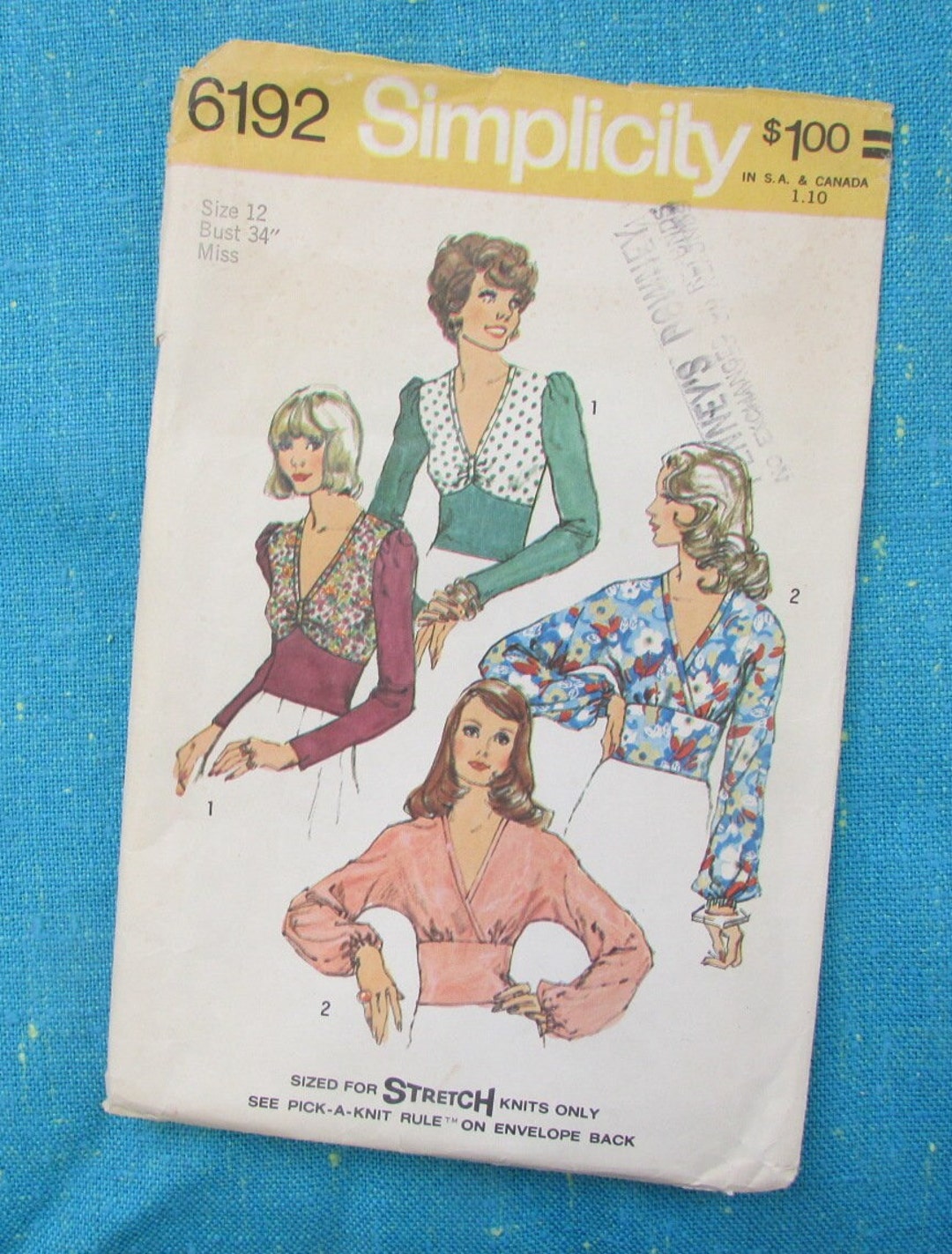 RARE 1972 Simplicity Sewing Pattern 6192 Misses Stretch Knits Surplice ...