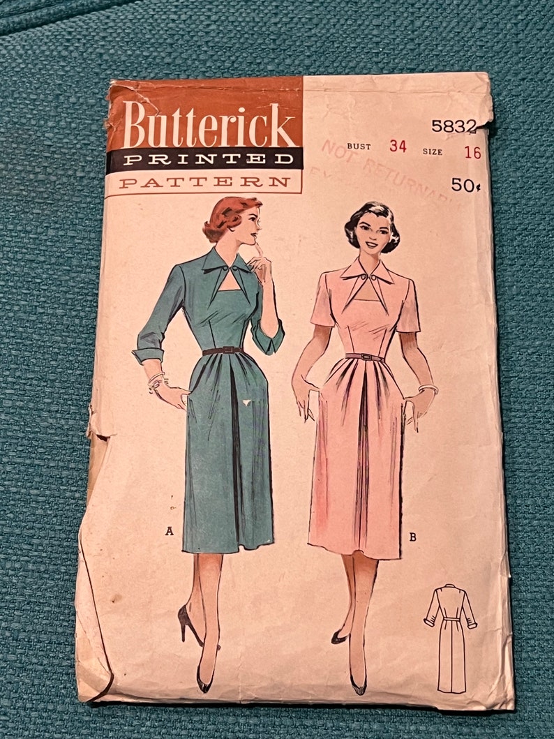 RARE 1950's Butterick Sewing Pattern 5832 Misses Triangular Neckline ...