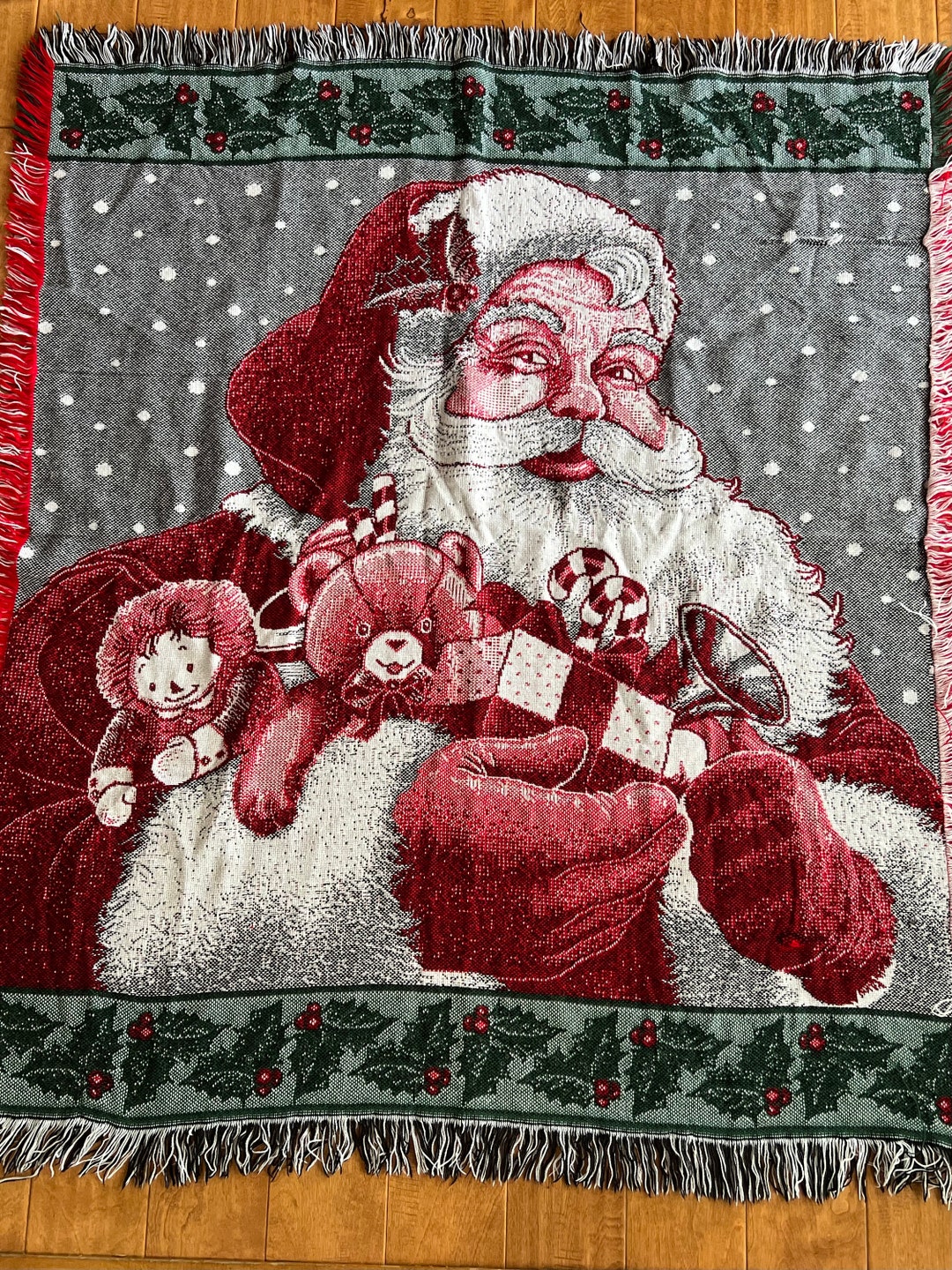 Vintage Santa Claus Woven Cotton Tapestry Blanket Throw Reversible 48 ...