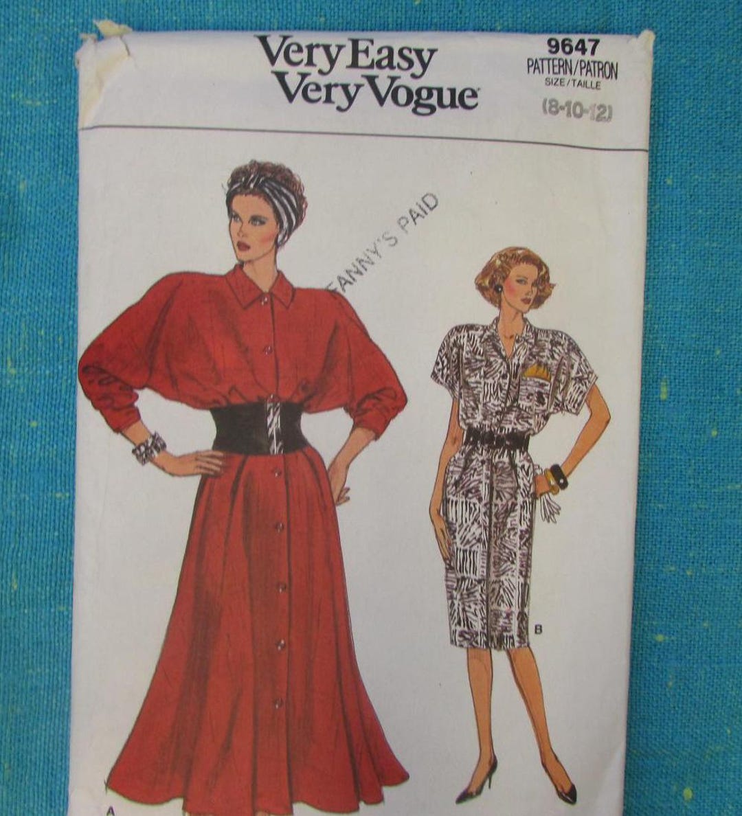 RARE 1986 Vogue Sewing Pattern 9647 Misses Loose Fitting Dress 2 Sleeve ...