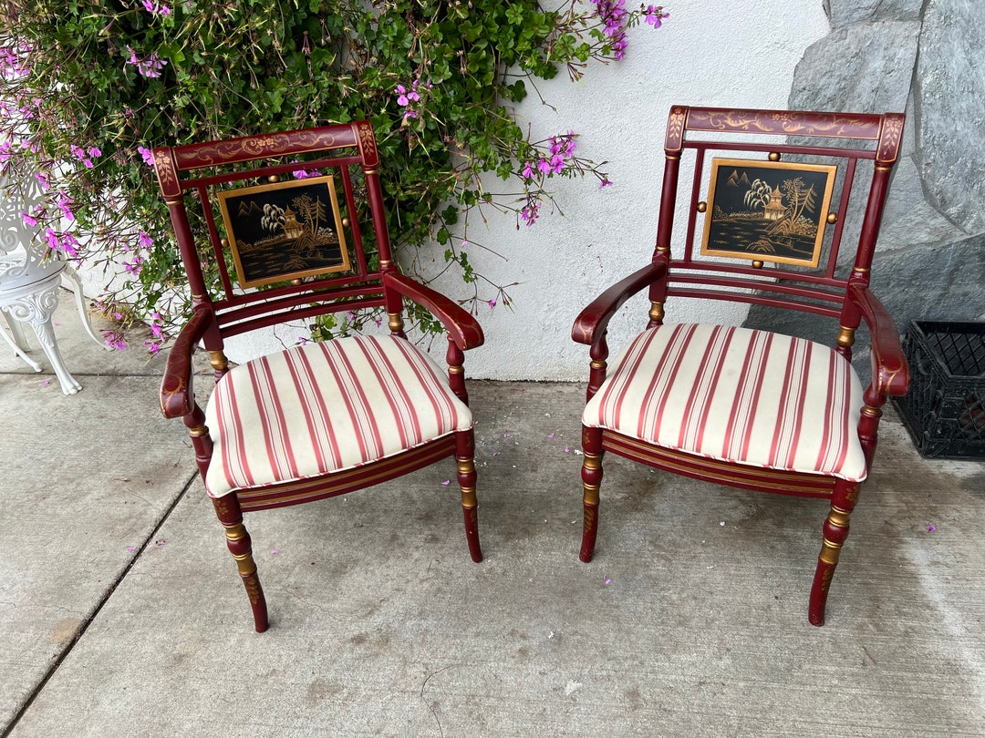 Two Glossy Red W/gold Painted Asian Chinoiserie Regency Upholstered ...