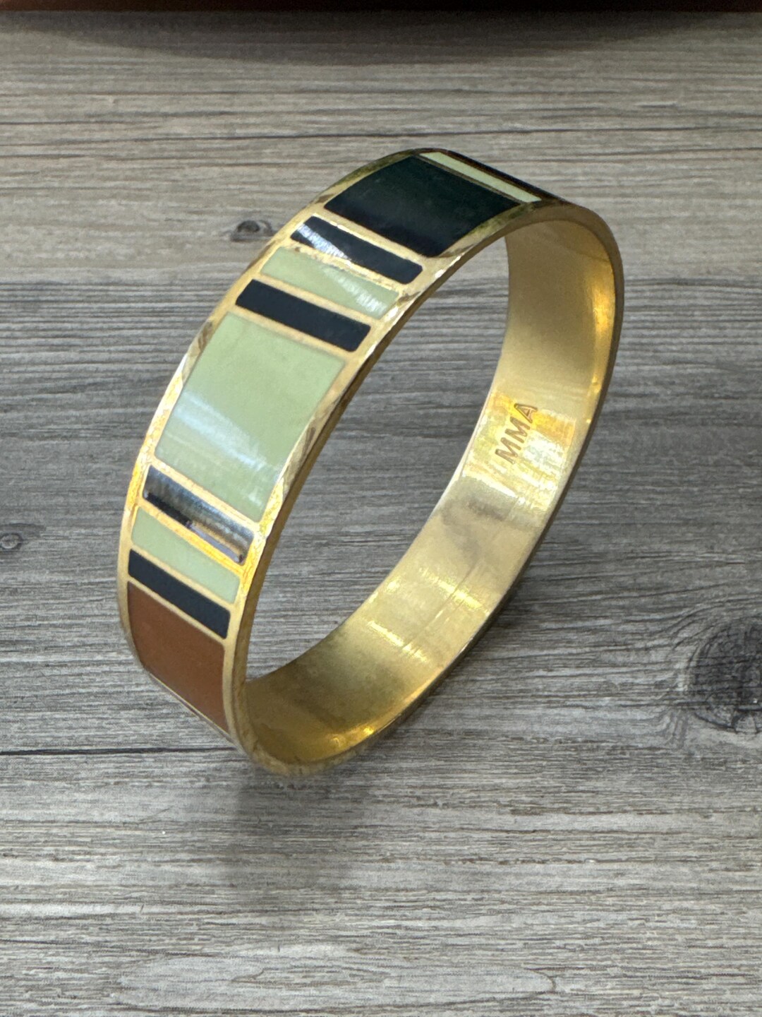 MMA Gold & Enamel Inlay Modernist Bangle Bracelet Green Brown Black ...