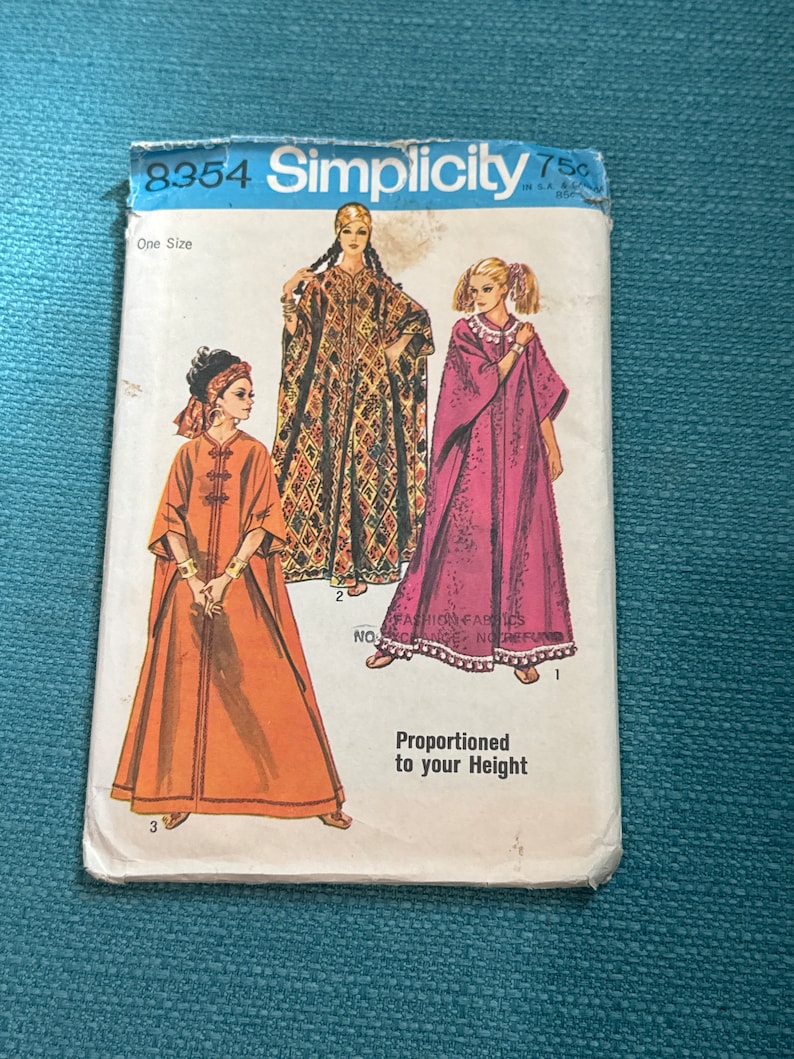 1969 Simplicity Sewing Pattern 8354 Misses Long Caftan Muumuu Dress ONE ...