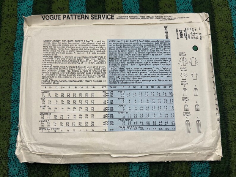 1990 Vogue Sewing Pattern 2464 Misses Ensemble Outfit- Pants, Boyfriend ...