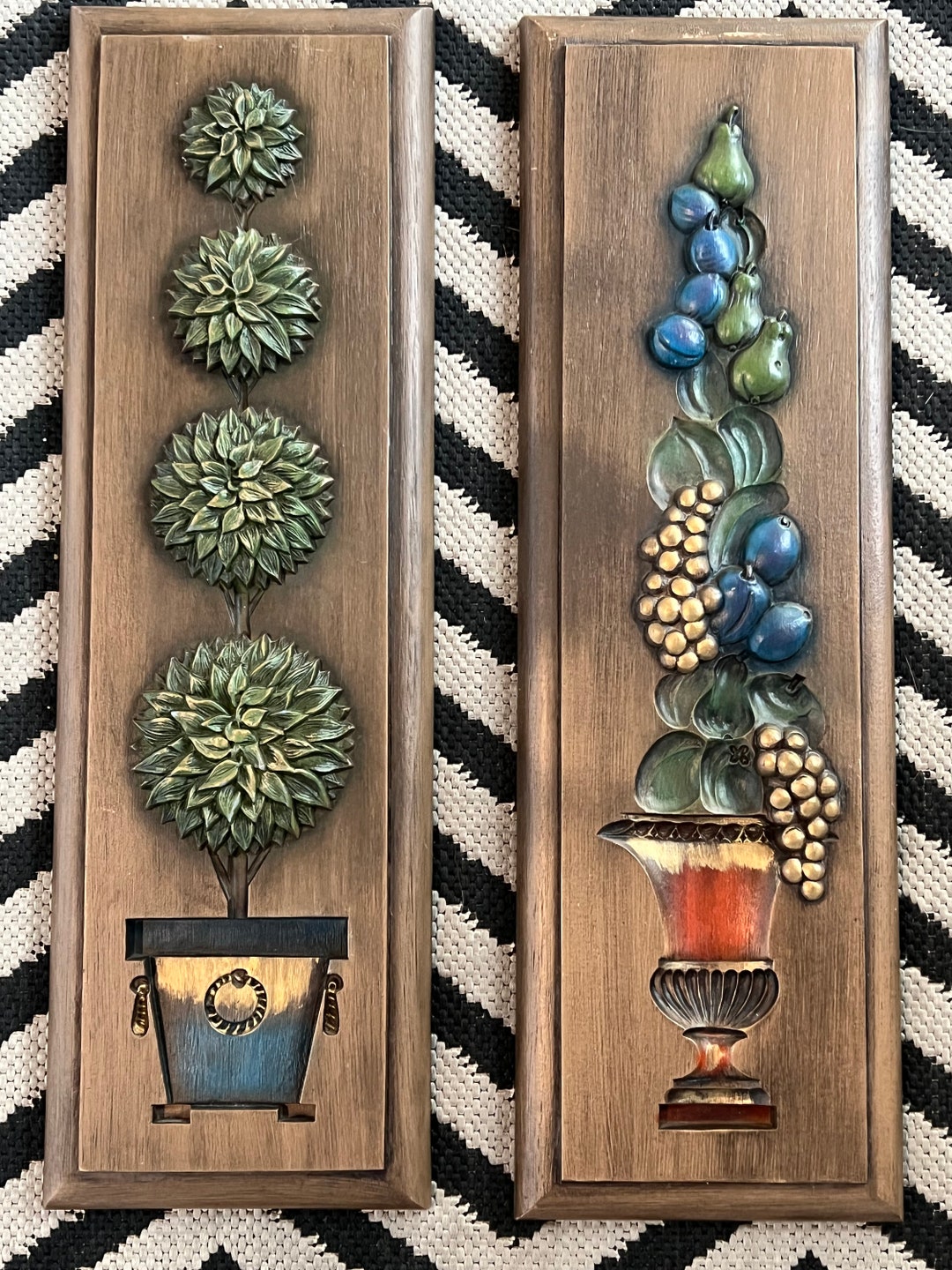 Set 2 Vintage BURWOOD Textured Resin Wall Hangings 3-D Potted Topiary ...