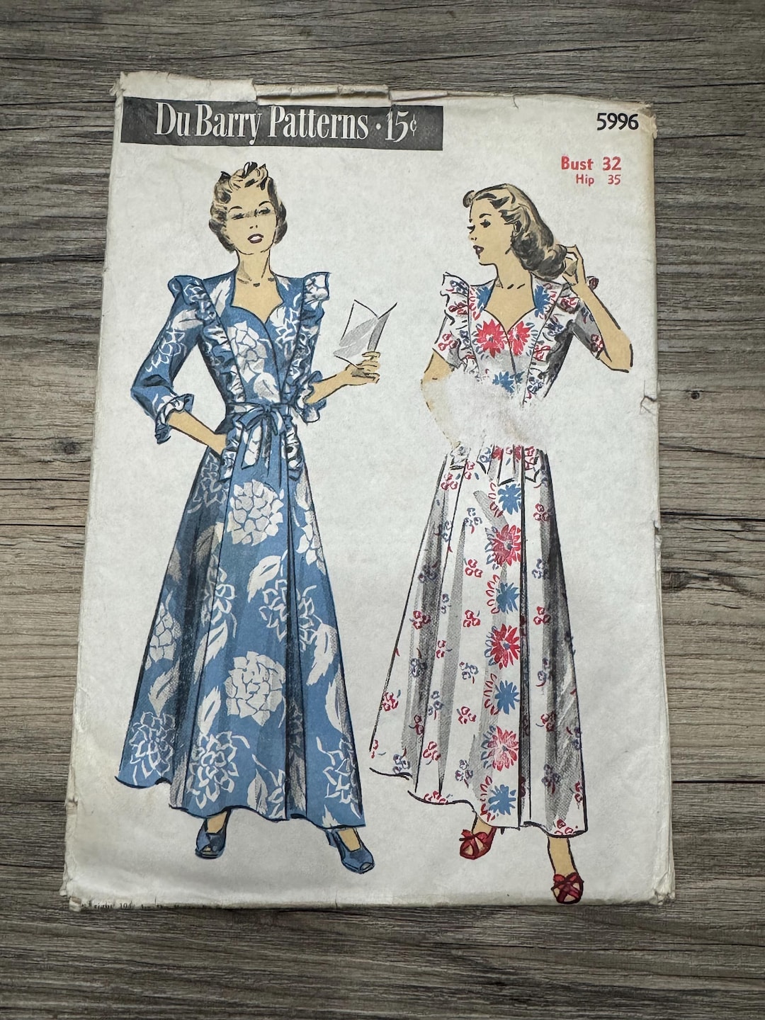 VERY RARE 1940’s Du Barry Sewing Pattern 5996 Misses Long Wrap Dress or ...
