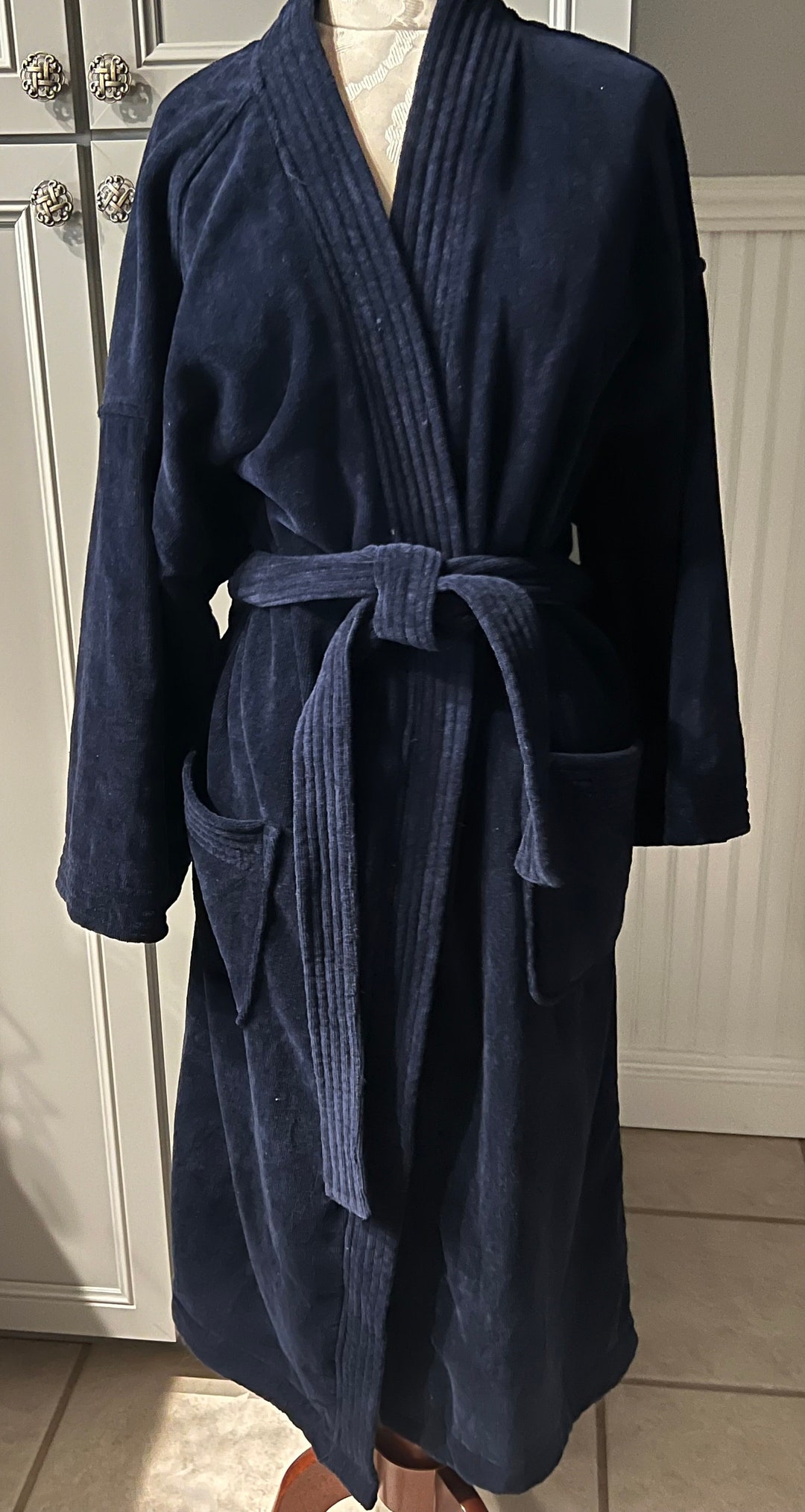 Vintage Mens Cherokee Solid Navy Blue Velour Terry Wrap Robe Size S-M ...