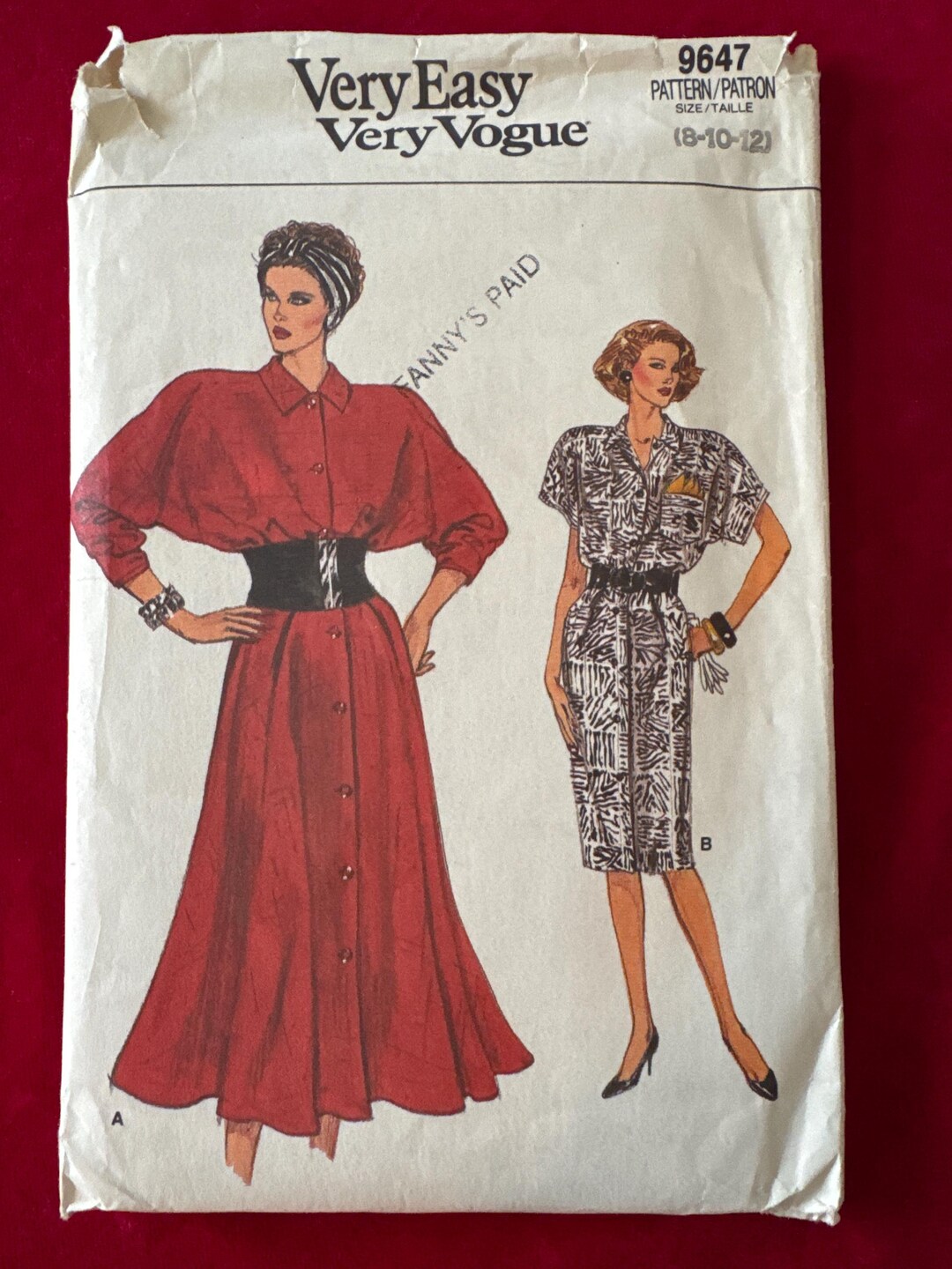 1986 Vogue Sewing Pattern 9647 Misses Dolman Sleeved Dress in 2 Skirt ...