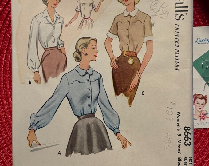 RARE 1951 Mccalls Sewing Pattern 8663 Misses 3 Styles Blouses With Scalloped Peter Pan Collar ...