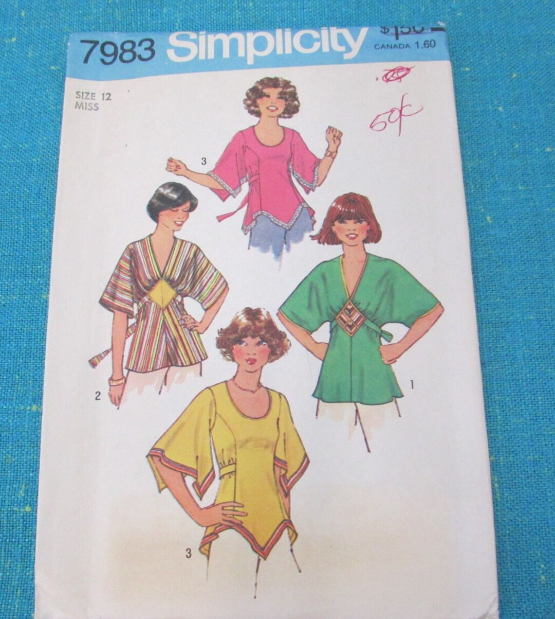 1977 Simplicity Sewing Pattern 7983 Misses Boho Tie Back Pullover Tops ...